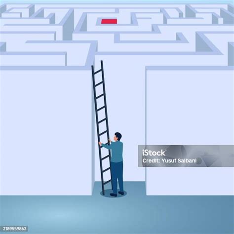 사다리를 들고 미로를 오르는 남자 규칙을 깨고 자유 혁신하고 고정관념에서 벗어나기 위한 일러스트레이션입니다 Revolution에 대한 스톡 벡터 아트 및 기타 이미지