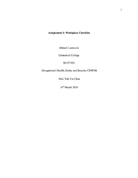 Ohs A1 Assignment Of Ohs Course 1 Assignment 1 Workplace