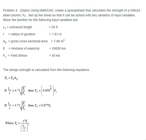 Solved Problem 4 20pts Using MathCAD Create A Spreadsheet Chegg