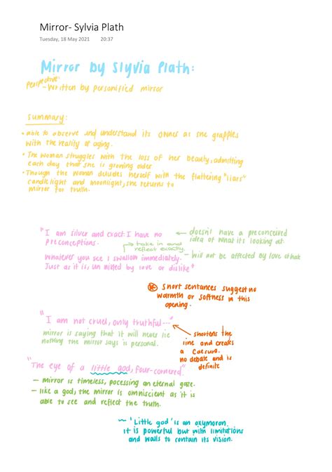 Summary Mirror By Sylvia Plath Analysis English Home Language Stuvia Sa