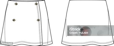 벡터 미니 스커트 패션 Cad 버튼 세부 스케치 템플릿 플랫 기술 도면으로 포장 된 여성 스커트 저지 또는 짠 직물 스커트 전면 후면보기 흰색 색상 0명에 대한 스톡 벡터