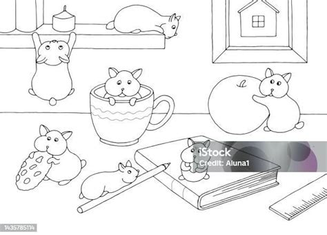 테이블 그래픽 블랙 화이트 스케치 일러스트 벡터에 재미있는 햄스터 재생 색칠하기에 대한 스톡 벡터 아트 및 기타 이미지