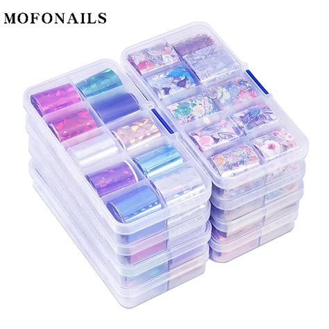 박스 트랜스퍼 포일 홀로그램 슬라이더 별 모양 유리 종이 플래시 장식용 네일 아트 팁 매니큐어 스티커 10 개 디자인 10 롤스티커 And 디캘즈 Aliexpress
