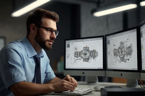 Engineer Working On Desktop Computer Screen Showing Cad Software With Engine 3d Model Premium