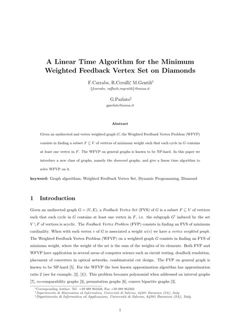 Pdf A Linear Time Algorithm For The Minimum Weighted Feedback Vertex Set On Diamonds
