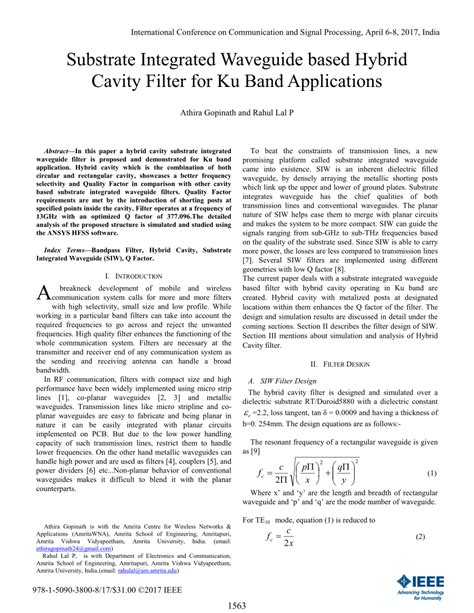 Pdf Substrate Integrated Waveguide Based Hybrid Cavity Filter For Ku Band Applications