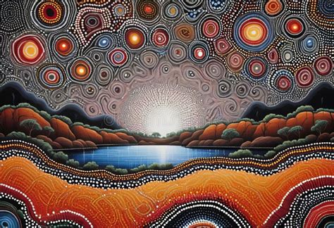 Australian Aboriginal Dot Painting Art Dreaming Of A Landscape Stock