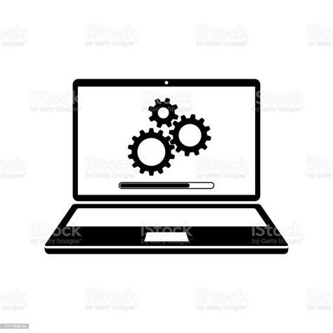 업데이트 화면이 있는 노트북 및 기어 아이콘 업데이트 프로세스 새로운 소프트웨어 설치 운영 체제 업데이트 지원 설정 옵션 유지