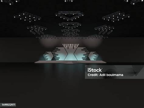 커스텀 4개의 육각형 배경 디자인과 조명 프로젝션이 있는 중앙 배경과 무대 계단 정면도가 있는 이벤트 스테이지 내부 홀 스포트