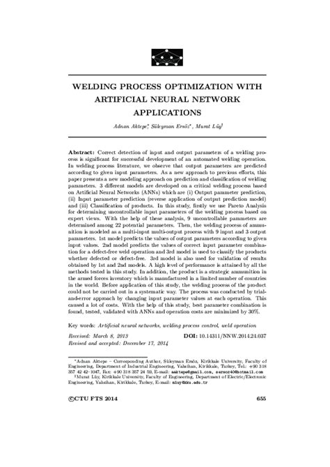 Pdf Welding Process Optimization With Artificial Neural Network Applications