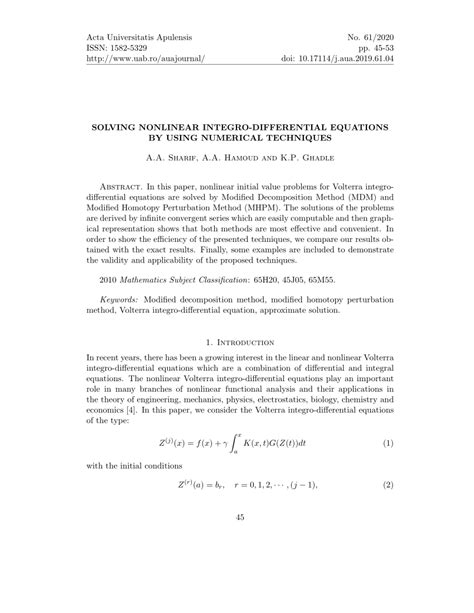 Pdf Solving Nonlinear Integro Differential Equations By Using