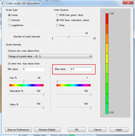3d场图中如何修改图例颜色，比如这个图例中想重点观察饱和度03以下的分布情况，但是图例中03以下基本上都是绿色，如何调整？ Learn Cmg