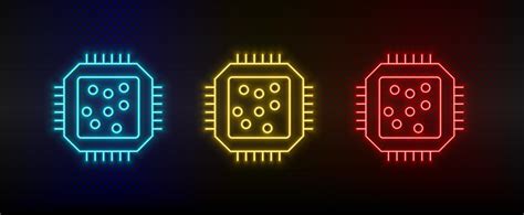 Neon Icon Set Cpu Hardware Set Of Red Blue Yellow Neon Vector Icon On Transparency Dark