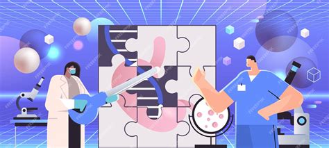 해부학 위 인체 내장 의학 과학 의료 문제 솔루션의 퍼즐 조각을 넣어 과학자 프리미엄 벡터