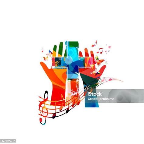 손과 음악 노트 고립 된 벡터 일러스트와 다채로운 기독교 십자가 종교는 배경을 테마로 했다 복음 교회 음악 합창단 노래 콘서트 축제 기독교 기도를위한 디자인 음악에 대한