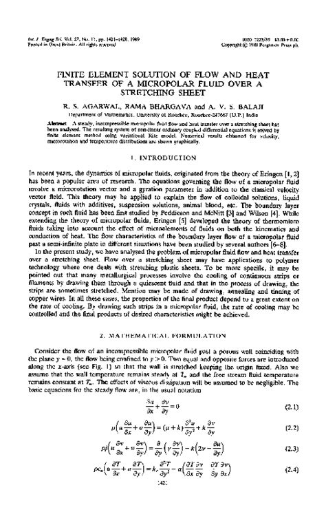 Pdf Finite Element Solution Of Flow And Heat Transfer Of A Micropolar Fluid Over A Stretching