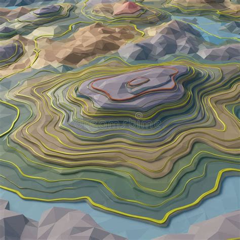 Colorful Topographic Map With 3d Geometric Layers Highlighting Elevation Contours Stock