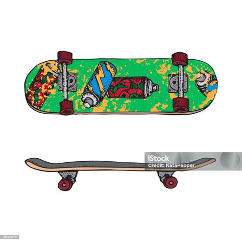 흰색 절연 스케이트 보드의 집합입니다 낙서 롱 보드 페니 보드 손으로 그린 벡터 일러스트 레이 션에 대 한 포스터 T셔츠 직물 0명에 대한 스톡 벡터 아트 및 기타 이미지