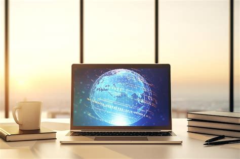 Premium Photo Modern Computer Monitor With Abstract Programming Language With World Map