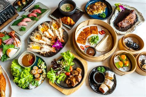 Exquisite Spread Asian Cuisine Featuring Variety Gourmet Dishes Stock