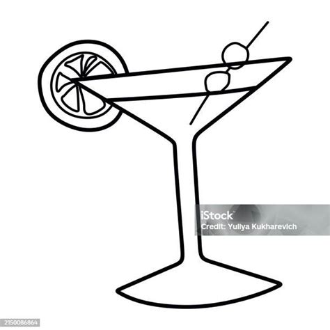 코스모 폴리탄 칵테일 낙서 아이콘 벡터 일러스트 레이 션 백색 알코올 음료 올리브를 곁들인 마티니 글라스 라임 슬라이스에 분리 손으로 그린 선형 윤곽 음료 바 로고 메뉴