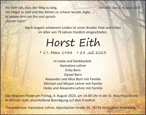 Traueranzeigen Von Horst Eith Schwarzwälder Bote Trauer