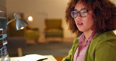 Worker Serious Or Planning On Computer In Night Office For Website Coding Ux Interface Design