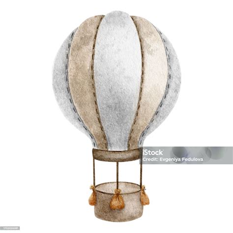 줄무늬 베이지색 열기구 바구니 귀여운 아기 항공기 수채화 손으로 그린 그림입니다 격리 아이의 상품 옷 엽서 베이비 샤워 및 아이들의 방을 위한 디자인 수채화에 대한 스톡