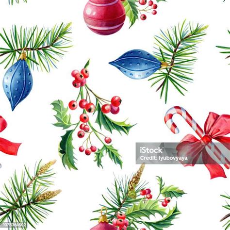 수채화 완벽 한 패턴입니다 크리스마스 볼 사탕 홀리 잎 열매 소나무 가문비나무 흰색 바탕에 겨울에 대한 스톡 벡터 아트 및 기타 이미지 Istock