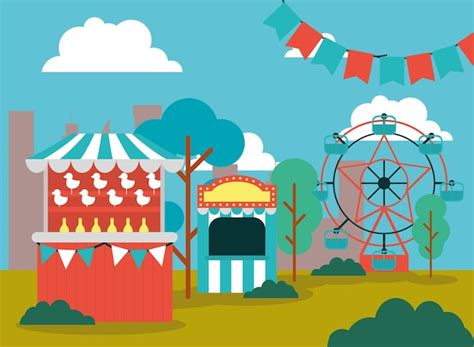매표소가 있는 놀이공원 장면 프리미엄 벡터
