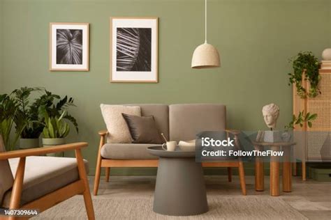 거실 인테리어의 우아한 구성 현대 스칸디 소파 사이드 테이블 등나무 Commode 식물 및 창조적 인 개인 액세서리 현자 녹색 벽 템플렛 공간을 복사합니다 0명에 대한 스톡