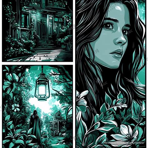 Ai创作图绿色调装饰画 黑夜装饰画 黑暗园林格式 绿色背景墙欧式装饰画 高端手绘原创插画 绿野仙踪 绿衣姑娘 设计绿色装饰画 夜花园 蓝绿色风格 蓝色绿色艺术 欧美场景 封面插画女孩 绿色的