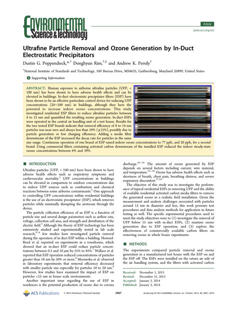 Pdf Ultrafine Particle Removal And Ozone Generation By In Duct Electrostatic Precipitators