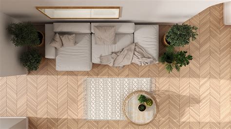 흰색 톤의 스칸디나비아 노르딕 거실 헤링본 쪽모이 세공 마루 바닥 소파 카펫 램프 등나무 테이블 화분 식물 및 장식 현대 인테리어 디자인 상단 전망 계획 위 0명에 대한