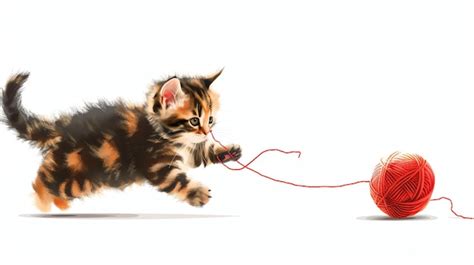A Cute Kitten Playing With A Red Ball Of Yarn The Kitten Is Running And