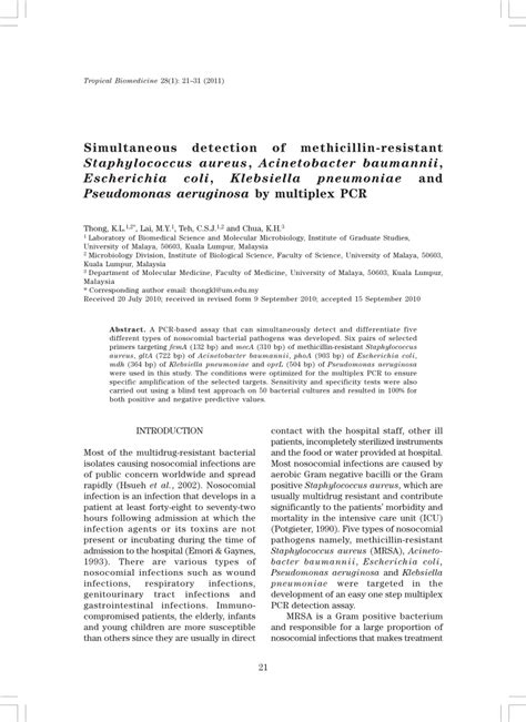 Pdf Simultaneous Detection Of Methicillin Resistant Staphylococcus
