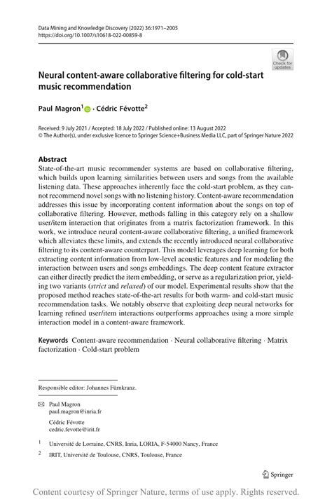 Neural Content Aware Collaborative Filtering For Cold Start Music Recommendation Request PDF