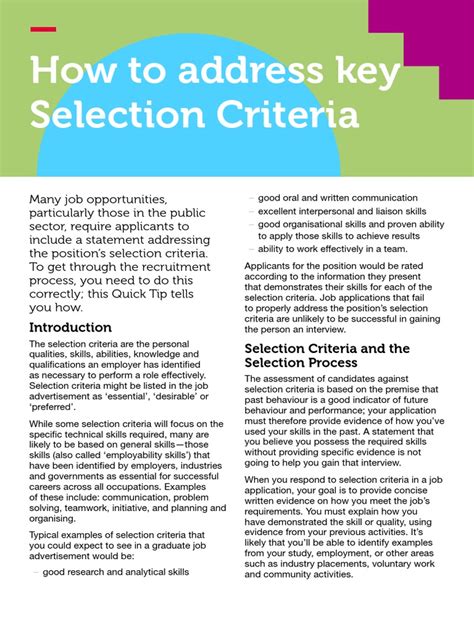 Key Selection Criteria Tips Pdf