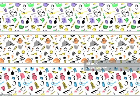 주방용품이 있는 3가지 이음매 없는 레스토랑 카페 패턴 모음 가리기에 대한 스톡 벡터 아트 및 기타 이미지 가리기 개체 그룹 고풍스런 Istock