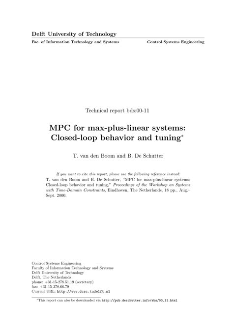 Pdf Mpc For Max Plus Linear Systems Closed Loop Behavior And Tuning