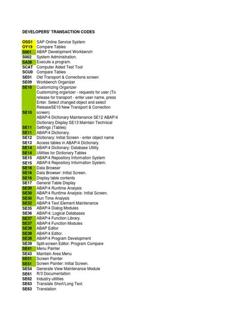 Developers Transaction Codes Pdf