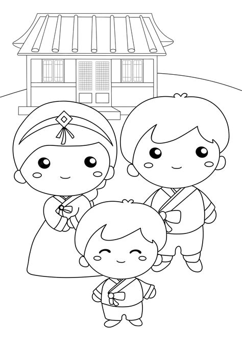 어린이와 성인을 위한 전통 한복 패션 컬러링 페이지를 가진 한국 가족 프리미엄 벡터