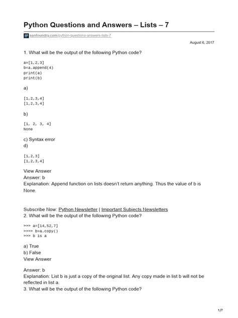 Python Questions And Answers Lists 7 Pdf Computing Software