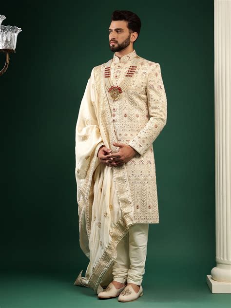 Classy Cream Sherwani With Contrasting Motifs Sherwani Rental
