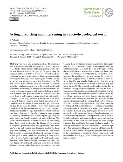 Pdf Acting Predicting And Intervening In A Socio Hydrological World