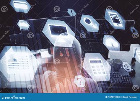 Hacker Using Personal Computer With Glowing Digital Business Interface Stock Illustration