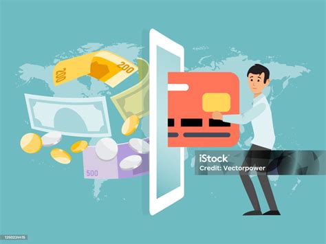 남성 캐릭터 홀드 손 직불 신용 은행 카드 세계지도 온라인 송금 플랫 벡터 일러스트 현대 글로벌 은행 시스템 송금에 대한 스톡 벡터 아트 및 기타 이미지 Istock