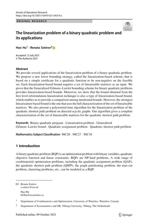 pdf the linearization problem of a binary quadratic problem and its