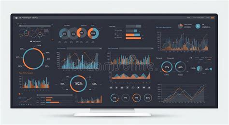 Computer Monitor Displaying A Digital Dashboard With Various Data Visualizations Stock