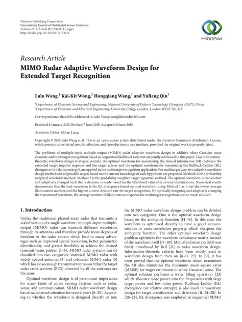 Pdf Mimo Radar Adaptive Waveform Design For Extended Target Recognition